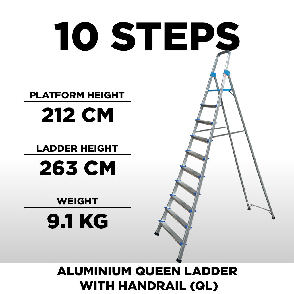 10 Steps Aluminium Queen Ladder With Handrail AL-QL10 ALUCLASS ...
