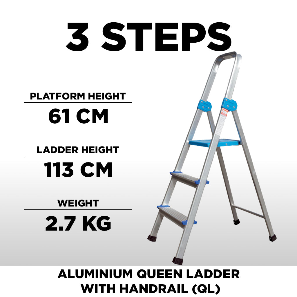 3 Steps Aluminium Queen Ladder With Handrail AL-QL03 ALUCLASS — ALUCLASS MY
