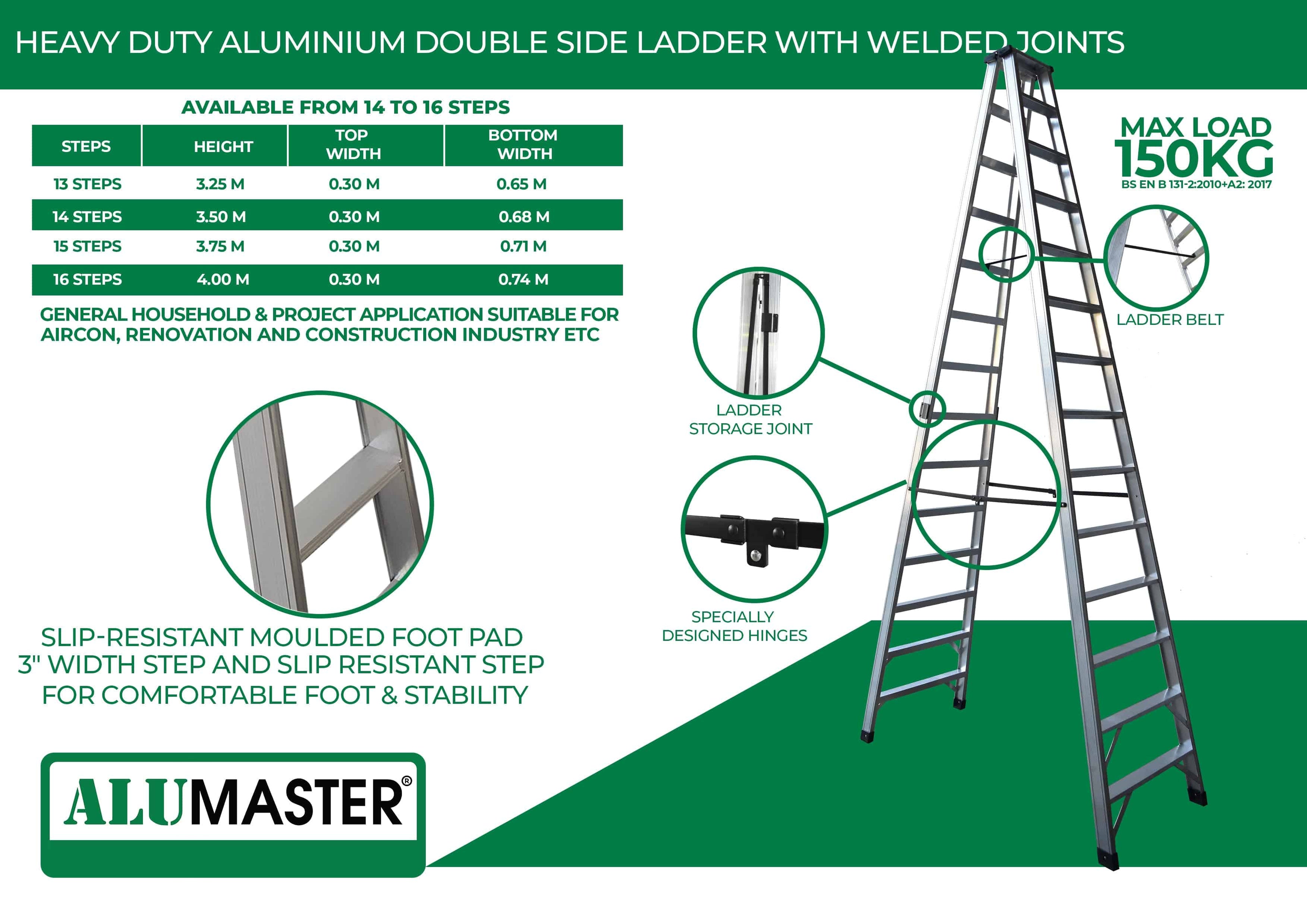 READY STOCK Alumaster Heavy Duty Aluminium Welded Ladder (14 Steps Do ...